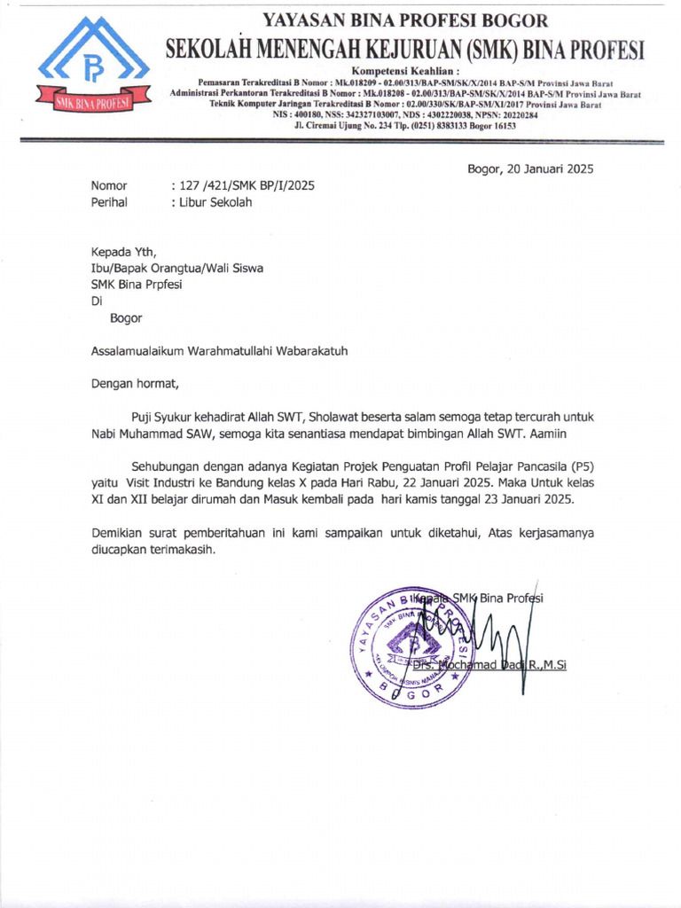 Surat Pem. Libur Xi Xii Visit Industri | PDF