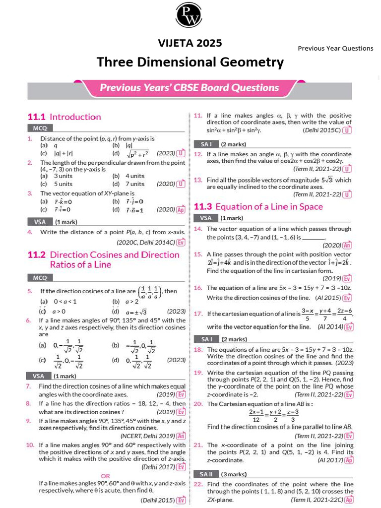 Three - Dimensional Geometry - Previous Year Questions - Vijeta 2025 | PDF