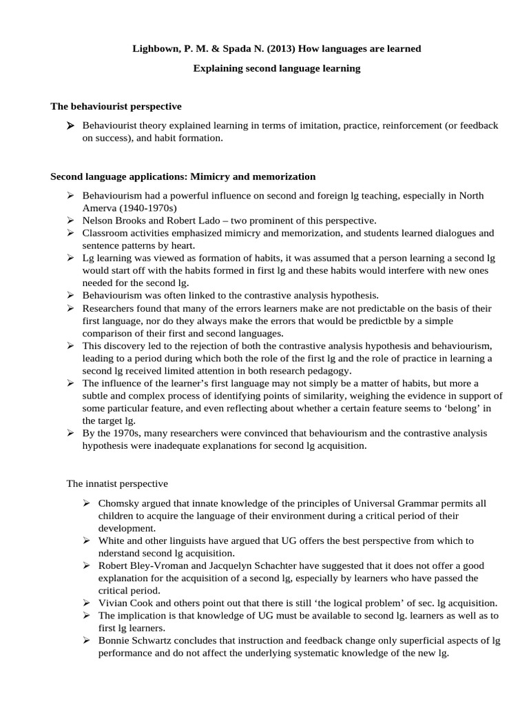 Theories of Second Language Acquisition | PDF | Second Language Acquisition | Learning