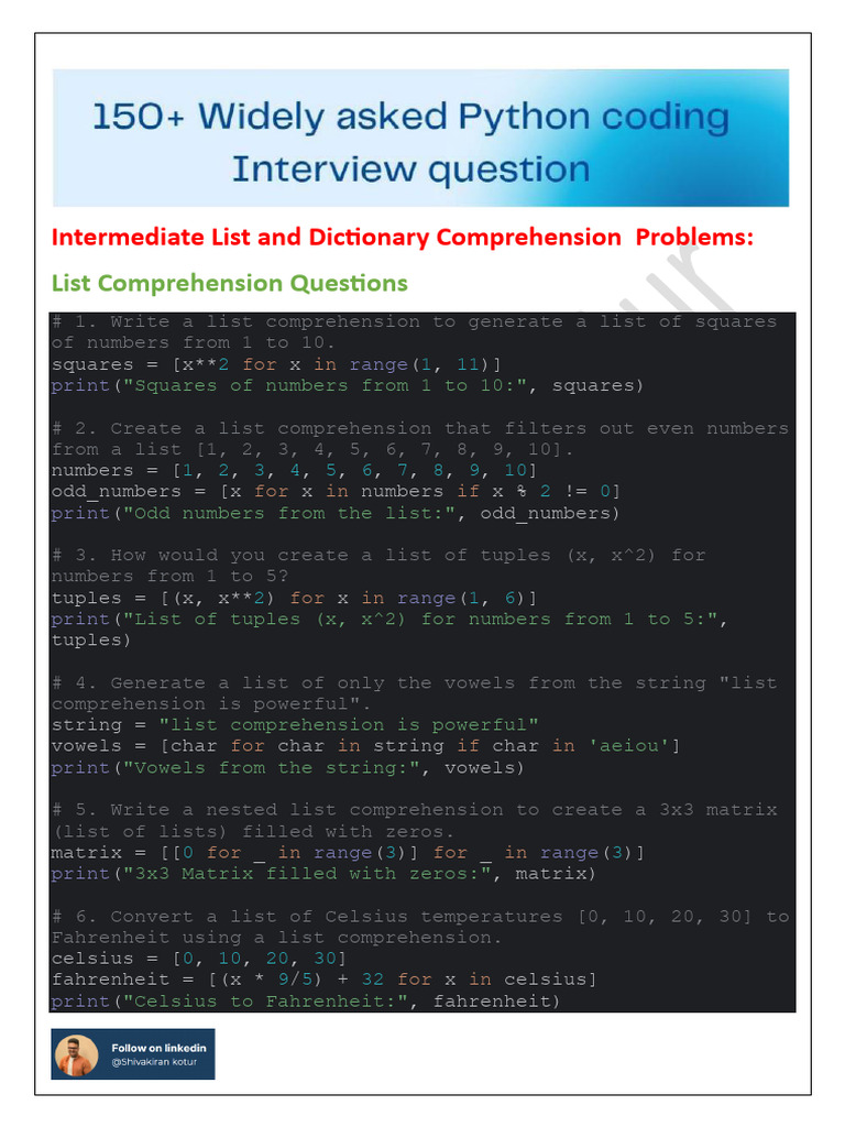 Comprehensions List and Dict Question PDF | PDF | Fahrenheit | Letter Case