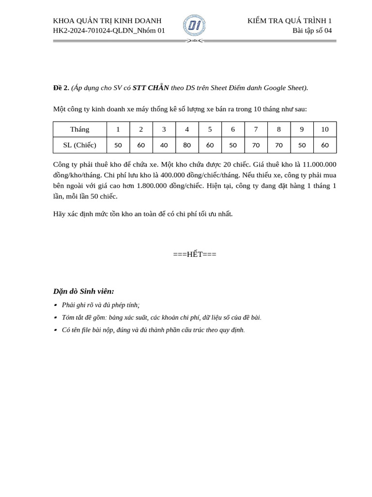 Đề2 BT4 QLDN HK2 01032025 | PDF