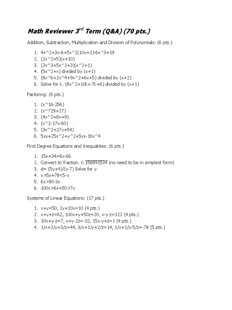 3rd Term Math Reviewer: Polynomials & Equations | PDF | Science ...