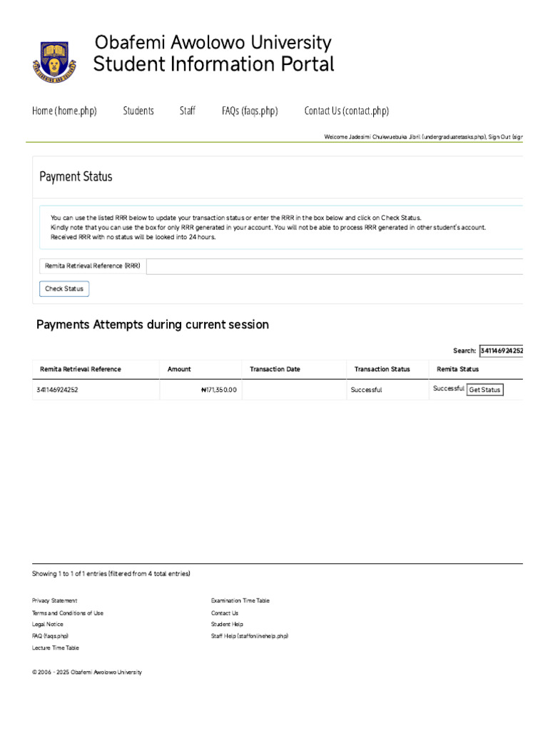 Obafemi Awolowo University - Fees Payment | PDF