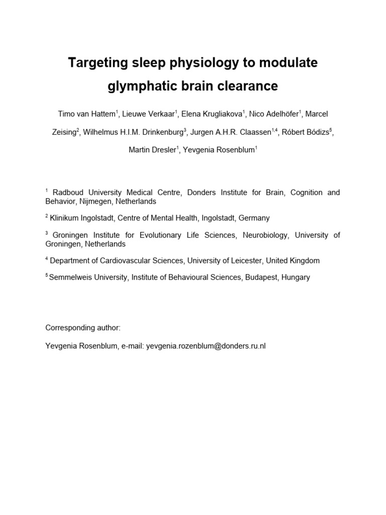 Enhancing Glymphatic Clearance via Sleep | PDF | Neuroscience | Nervous ...