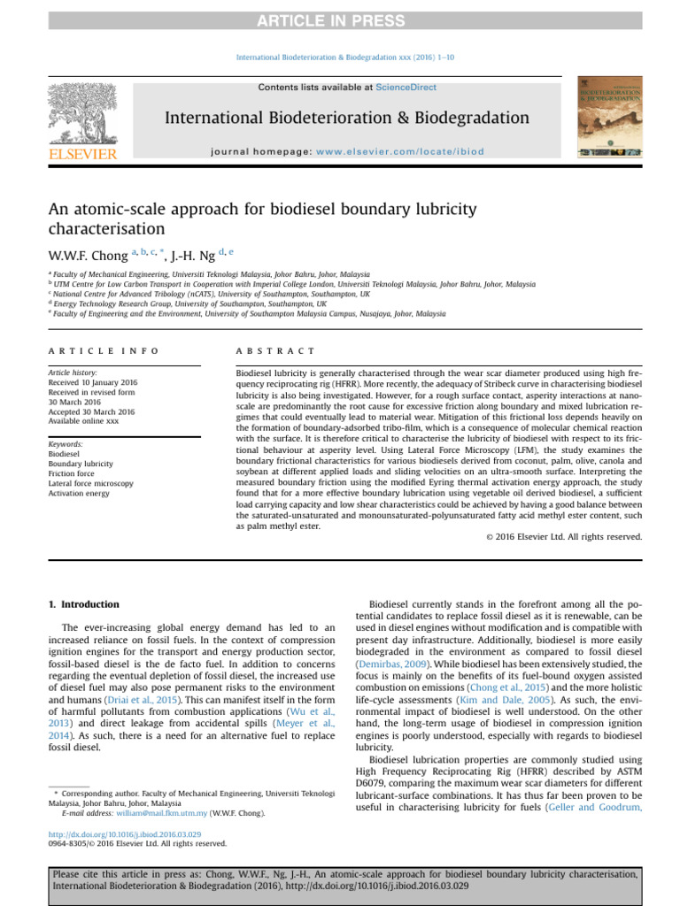 An Atomic-Scale Approach For Biodiesel Boundary Lubricity | PDF | Friction | Biodiesel