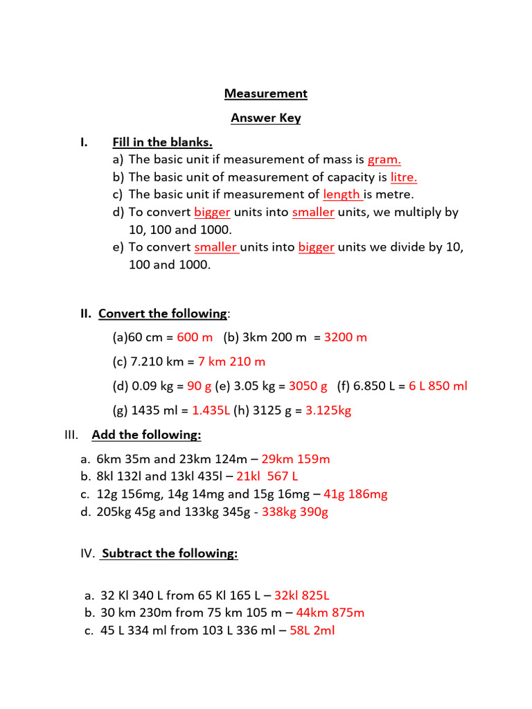 Measurement Answer Key I. Fill in The Blanks.: Gram. Litre. Length ...