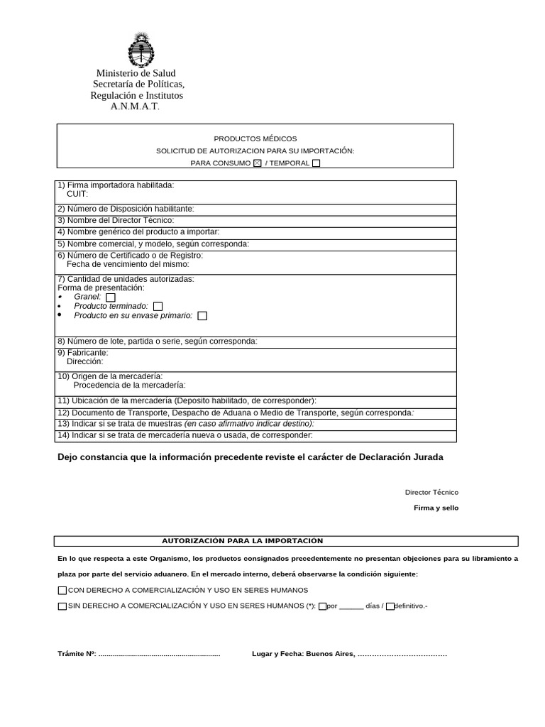 Anmat Formulario Disp 724 07 | PDF | aduana