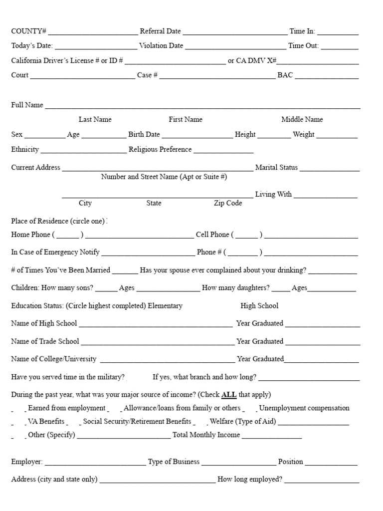 DUI Assessment and Enrollment Form | PDF | Driving Under The Influence ...