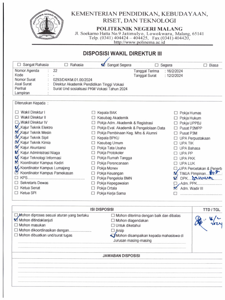 22.DISPO WD3.surat Und Sosialisasi PKM VOKASI 2024 | PDF