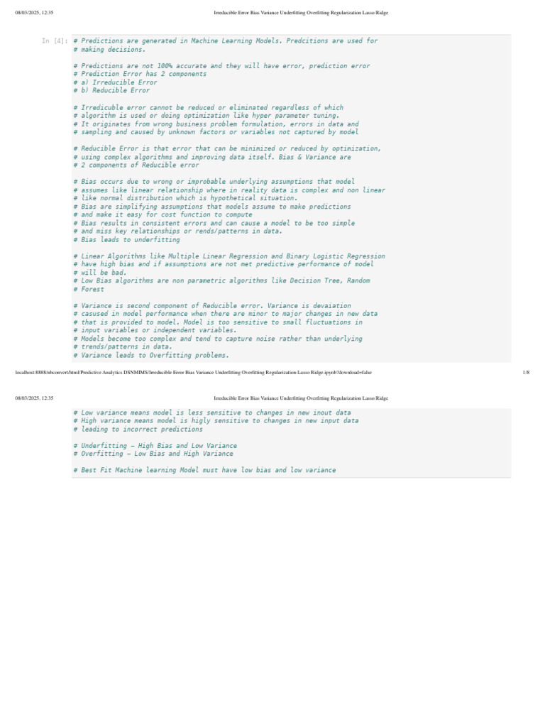Irreducible Error Bias Variance Underfitting Overfitting Regularization Lasso Ridge | PDF ...