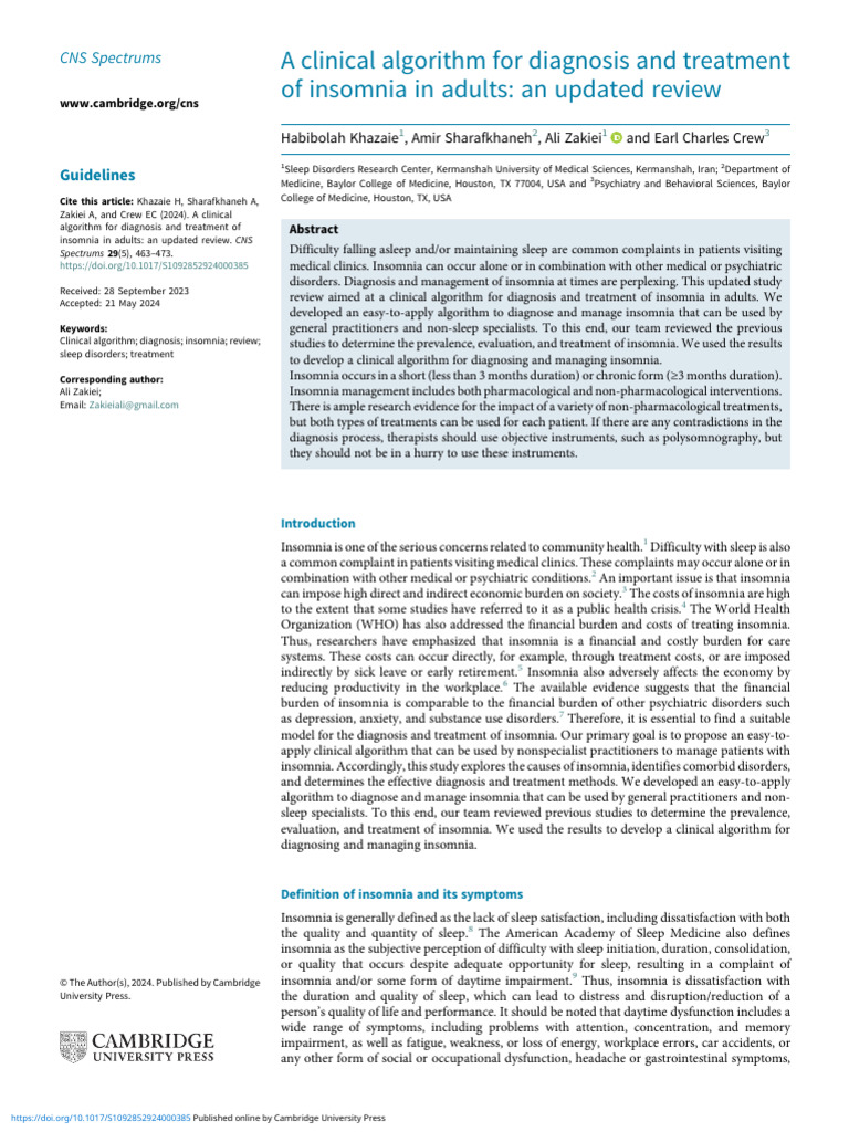 Clinical Algorithm For Diagnosis and Treatment of Insomnia in Adults An ...