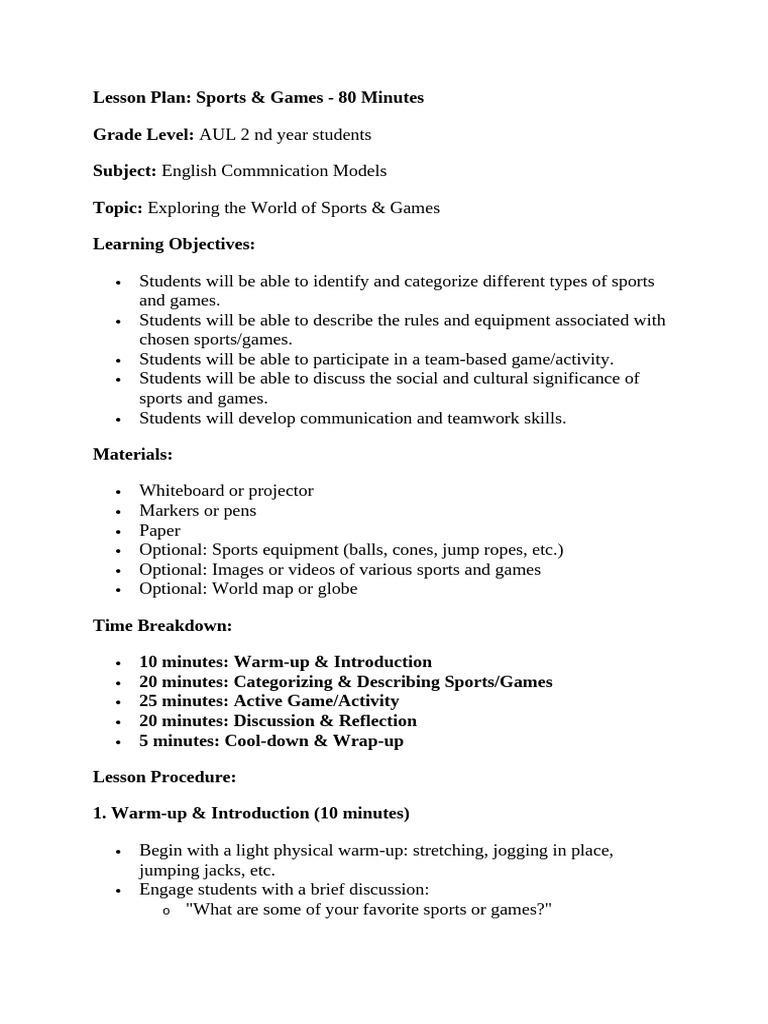 Lesson Plan Sports and Games | PDF | Sports | Lesson Plan