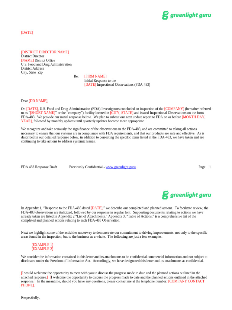 FDA-483 Initial Response Template | PDF | Food And Drug Administration