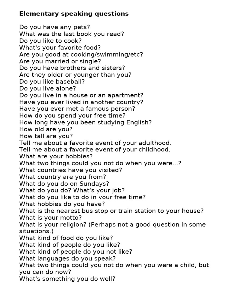 Elementary Speaking Questions Guide | PDF