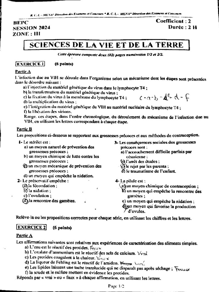 SUJET BEPC 2024 SVT Zone 3 | PDF