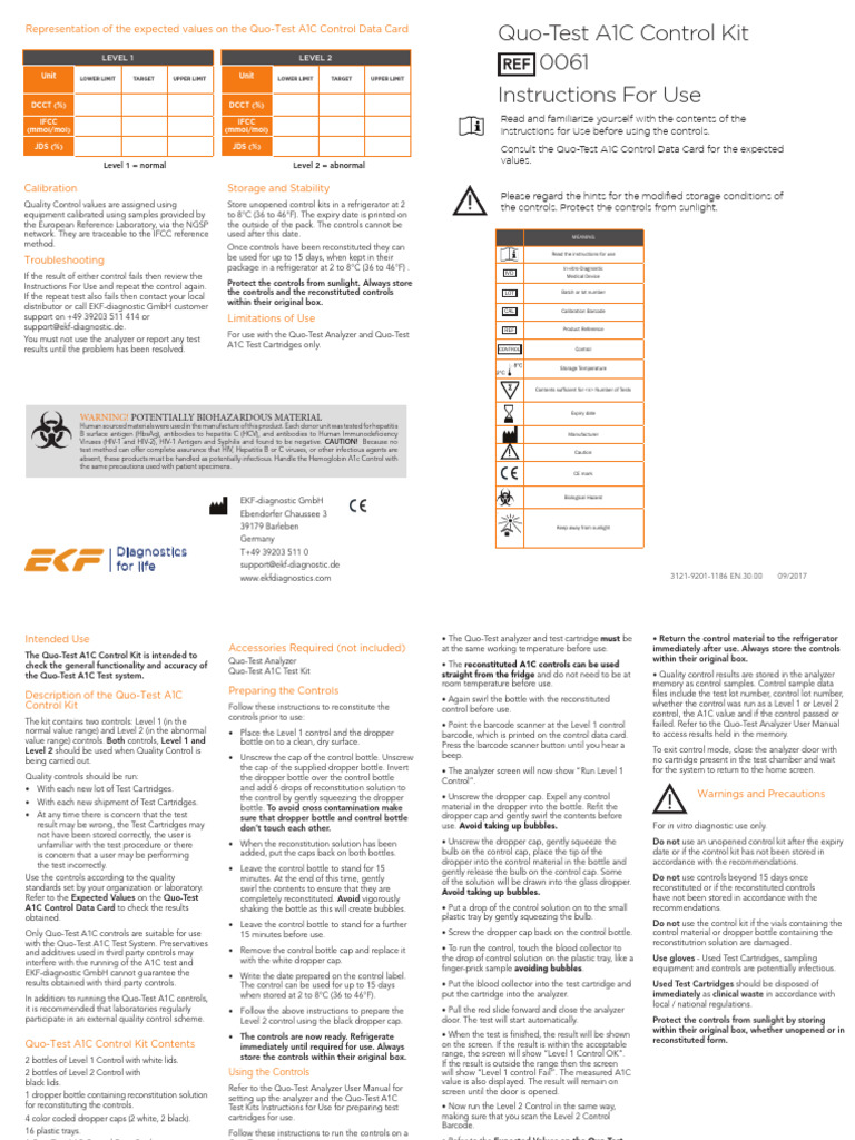 QT Control Kit Package Insert | PDF | Glycated Hemoglobin | Medical ...