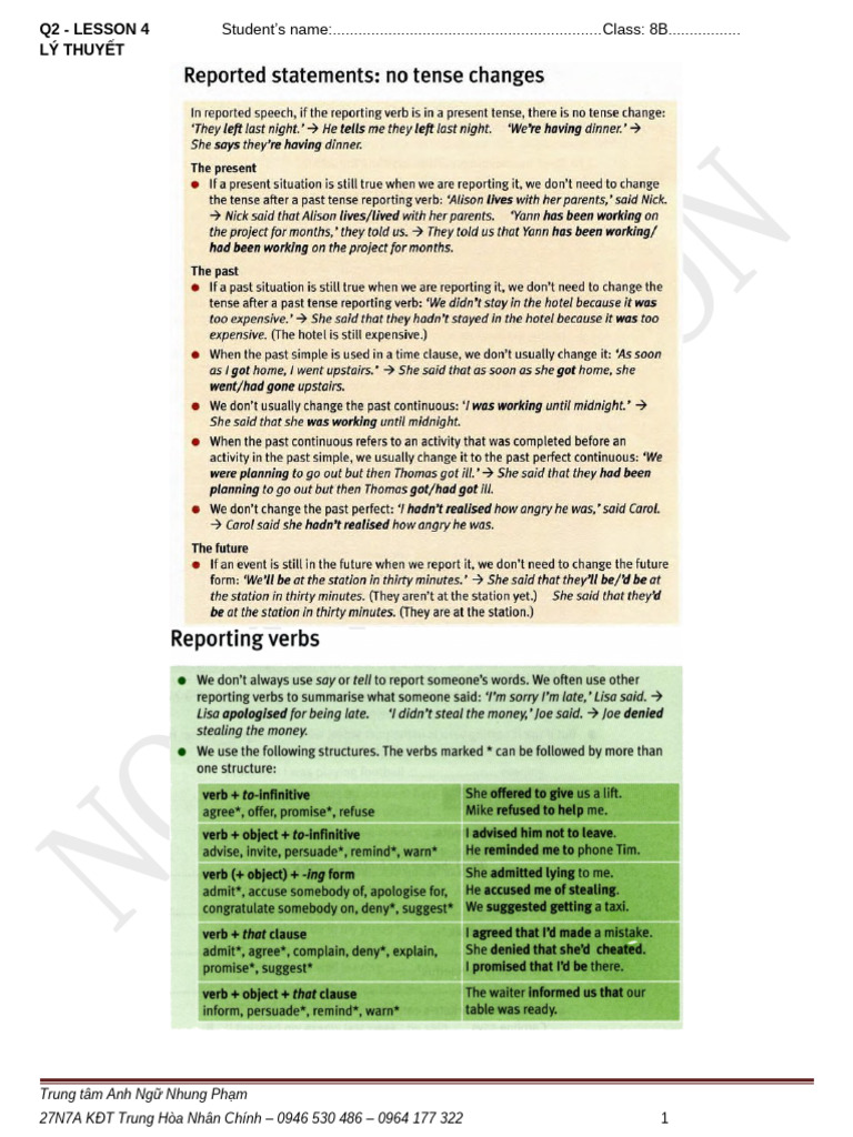 8B Q2 L4 Lý Thuyết Reported Speech (GV+ HS) | PDF