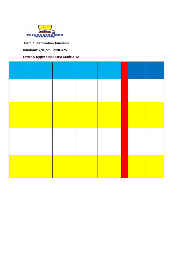 End of Term Timetable Secondary 1 | PDF