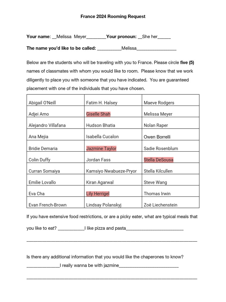 France 2024 Rooming Request | PDF