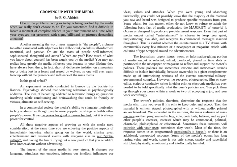 Growing Up With The Media. Text 10 | PDF | Social Psychology | Human Communication