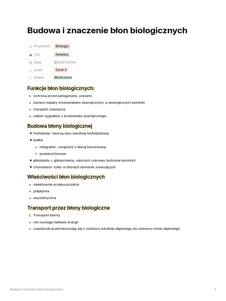 Budowa I Znaczenie Błon Biologicznych | PDF