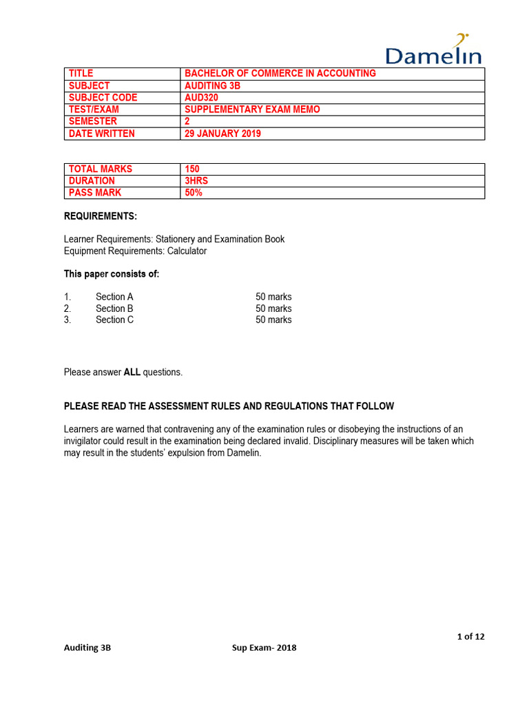 Auditing 3B Supplementary Exam Memo | PDF | Audit | Internal Control