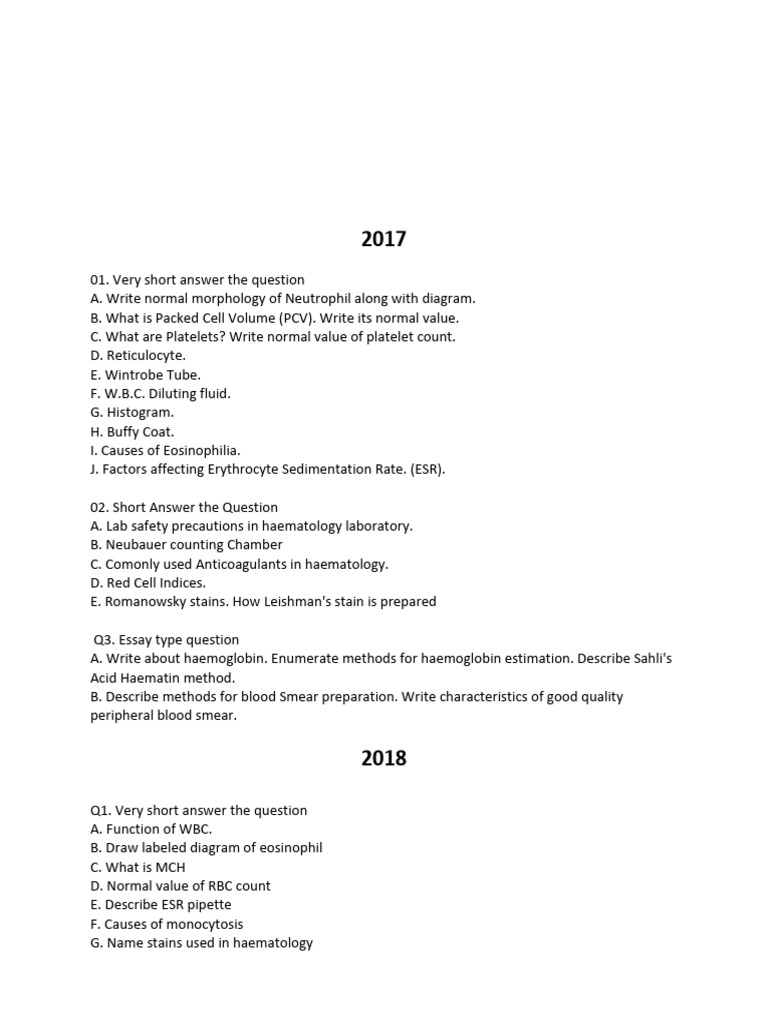 BMLT 1st Year Hematology Papers 2017-2021 | PDF | Medical Specialties ...
