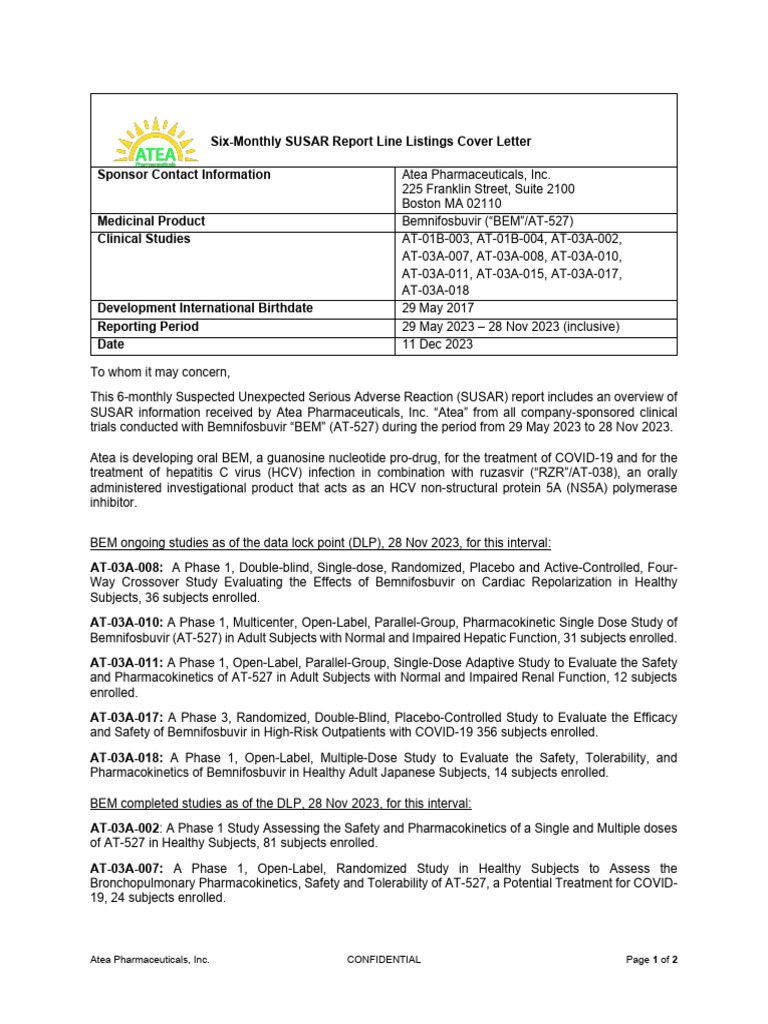 Atea Pharmaceuticals SUSAR Report 2023 | PDF | Phases Of Clinical ...