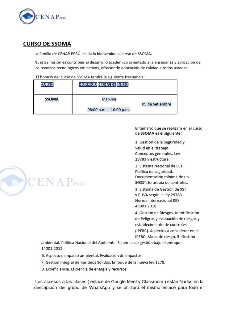 Curso de SSOMA: Inscripción y Temario | PDF | Facebook | Perú
