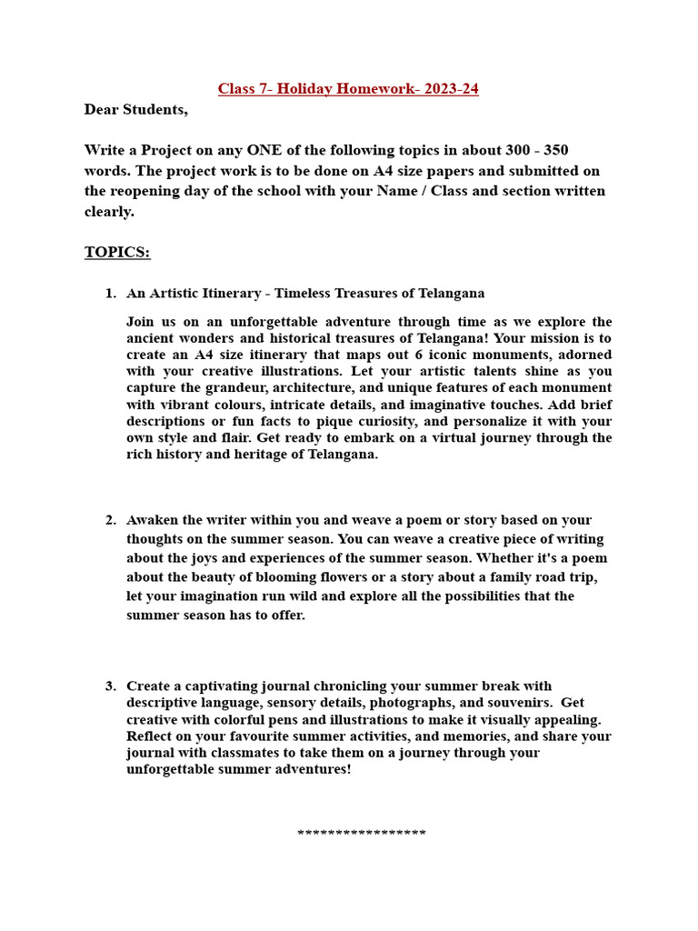 English Holiday Homework | PDF