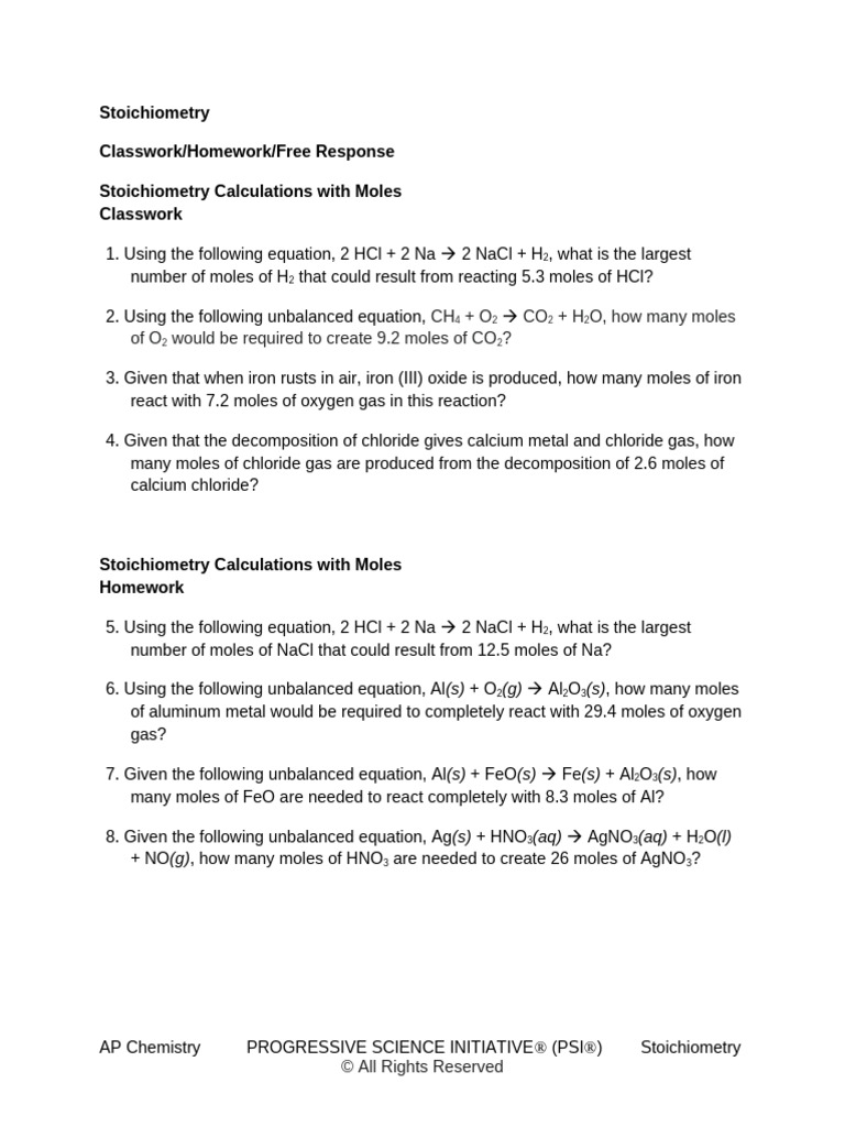 AP Chemistry 22 Stoichiometry Practice Problems 2022-07-27 | PDF ...