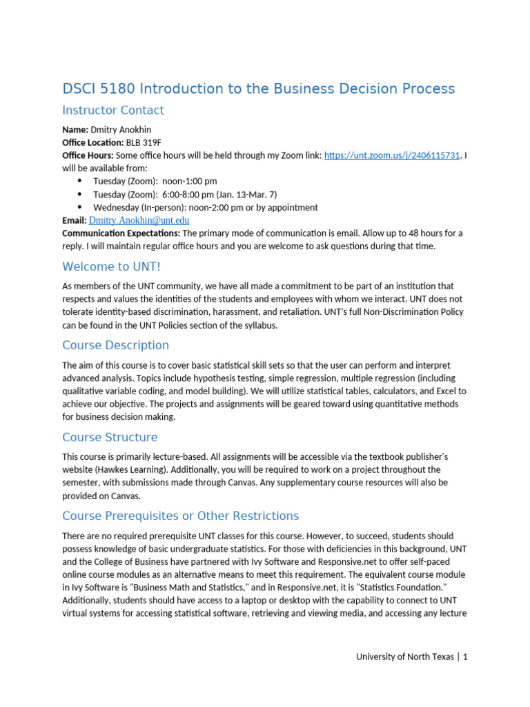 DSCI 5180.006 Syllabus-Spring 2025 | PDF | Statistics | Academic Dishonesty