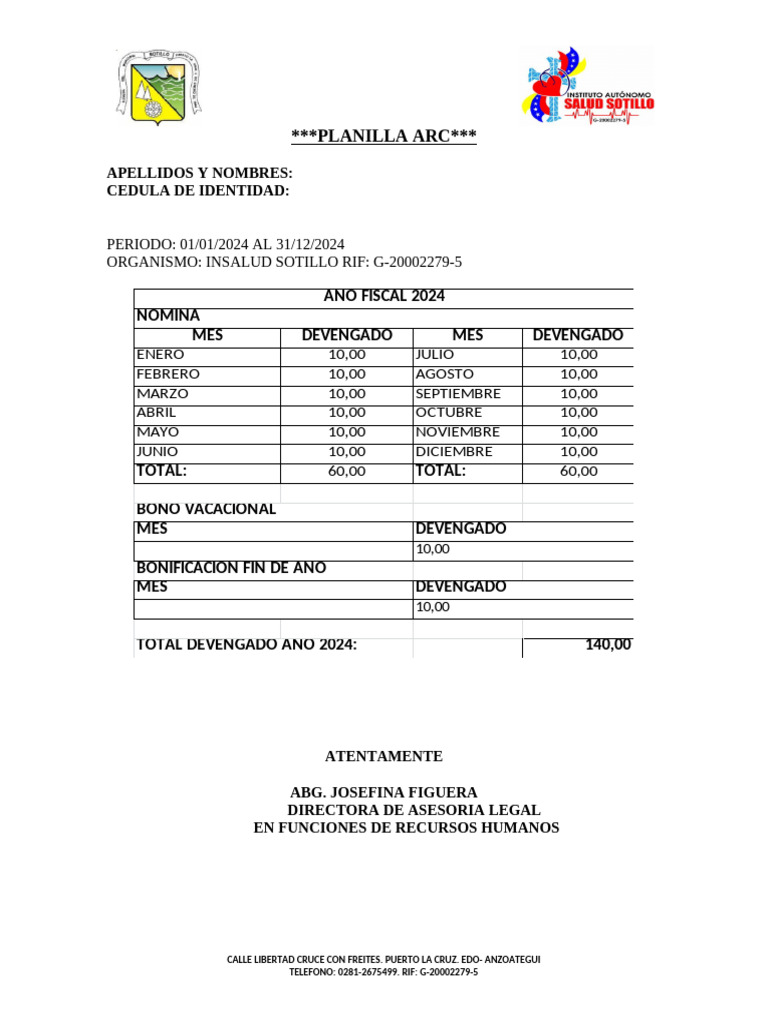 Planilla ARC 2024 para Descarga | PDF