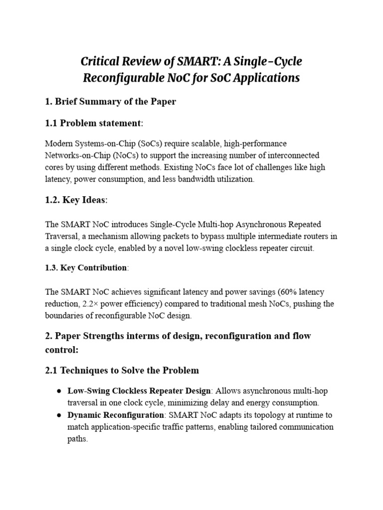 Critical Review of SMART_ A Single-Cycle Reconfigurable NoC for SoC ...