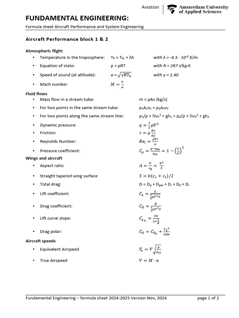 Aircraft Performance Formula Sheet 2024 | PDF | Drag (Physics) | Lift ...