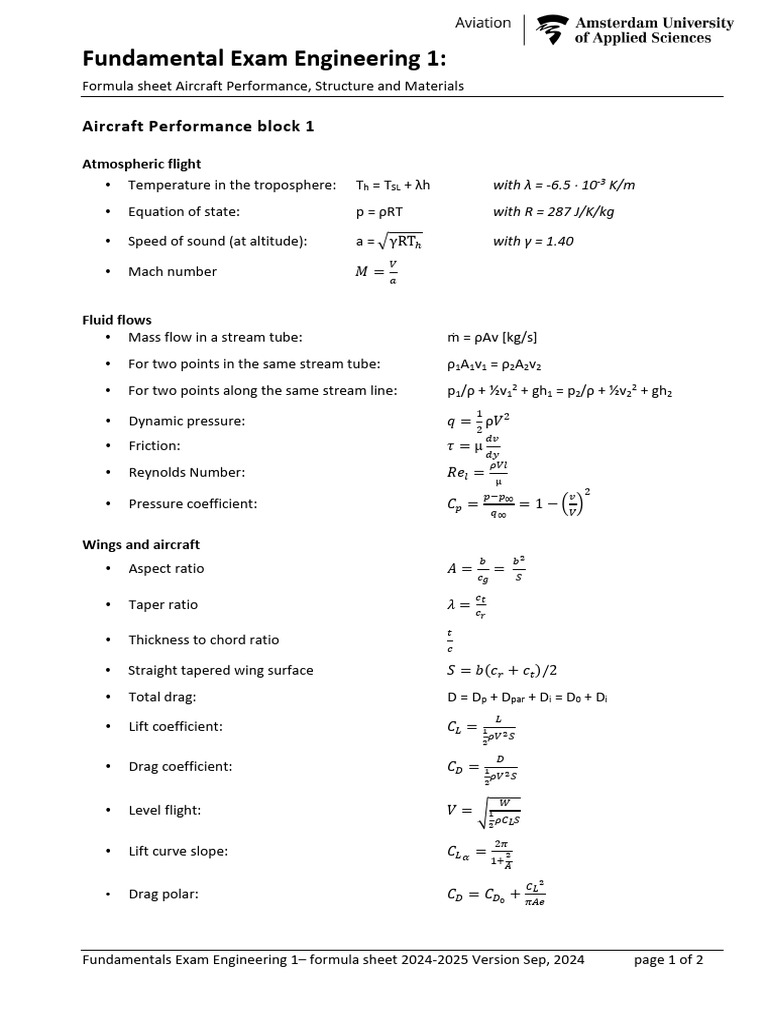B1- Fundamental ENG1 formula Sheet | PDF | Drag (Physics) | Lift (Force)