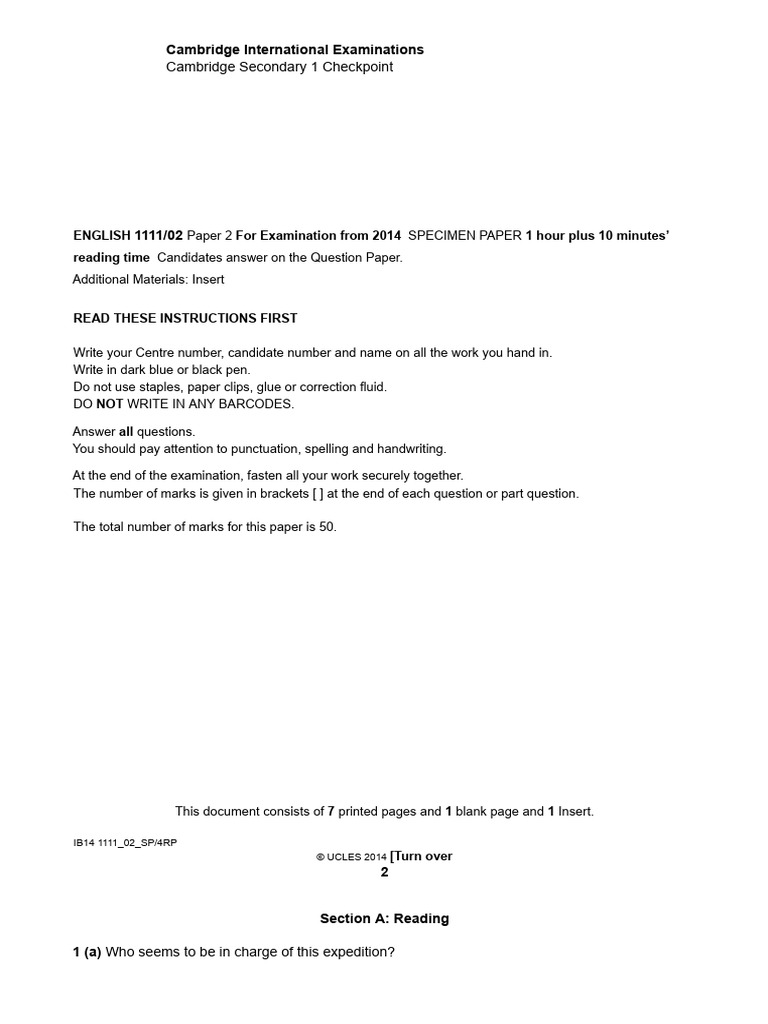 English Specimen Paper 2 2014 2017 | PDF | Writing