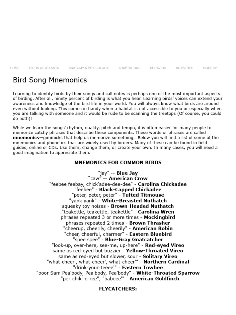Bird Song Mnemonics for Identification | PDF