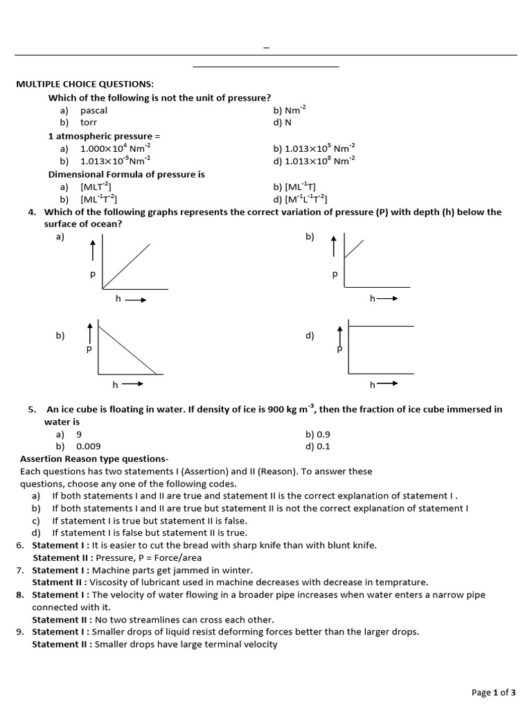 Class 11 Viscosity Worksheet | PDF | Viscosity | Pressure