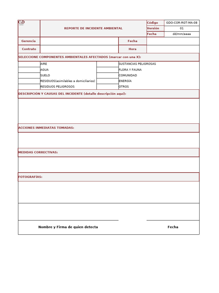 GDO 1 COR RGT MA 08 Reporte de Incidente Ambiental | PDF