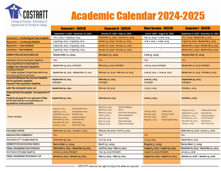 COSTAATT Academic Calendar 2024-2025 | PDF | Academic Term | Public Holiday