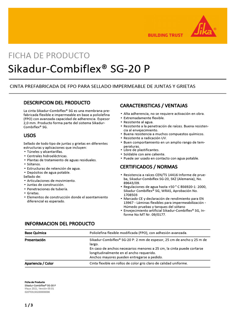 Sika Dur Combiflex SG-20 | PDF | Agua | Materiales