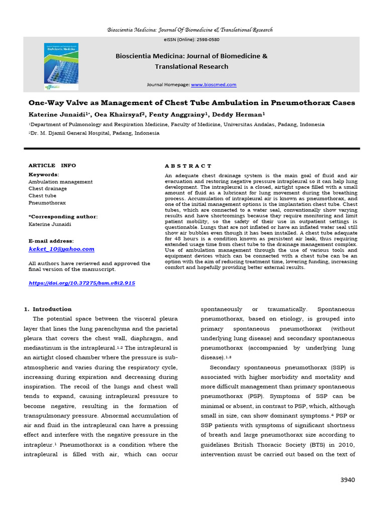 One-Way Valve As Management of Chest Tube Ambulation in Pneumothorax ...