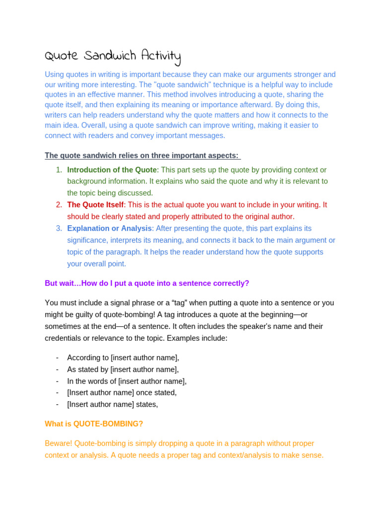 Quote Sandwich Activity - 2 6 25 | PDF | Adolescence | Sleep