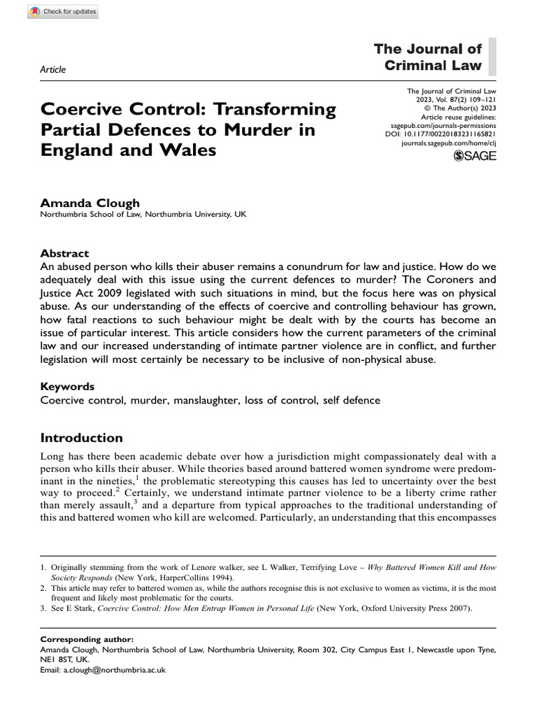 Clough 2023 Coercive Control Transforming Partial Defences To Murder in ...