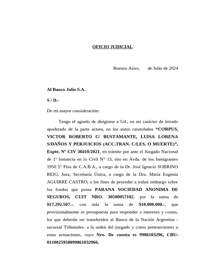 OFICIO JUDICIAL Corpus | PDF | Bancos