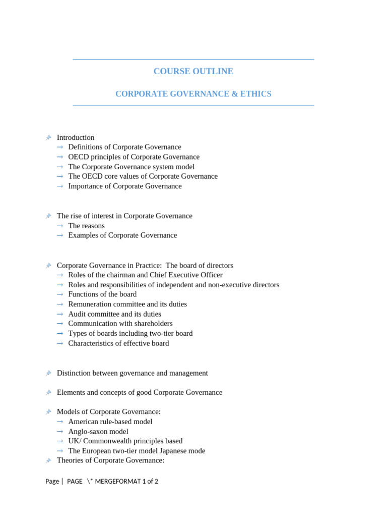 Corporate Governance & Ethics Course Outline | PDF