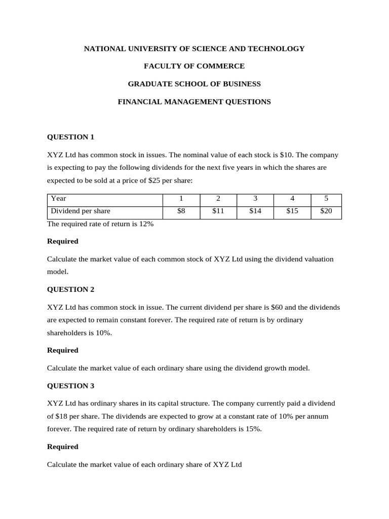 Financial Management Valuation Questions | PDF | Dividend | Discounted ...
