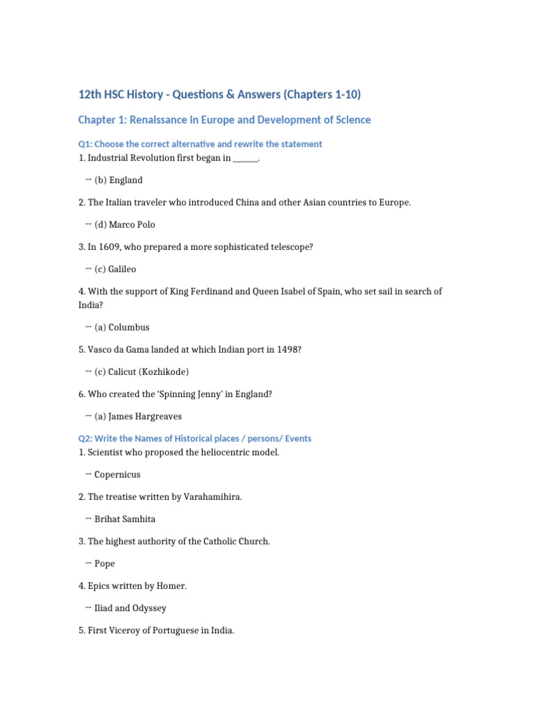 12th HSC History Chapters 1 10 QA | PDF