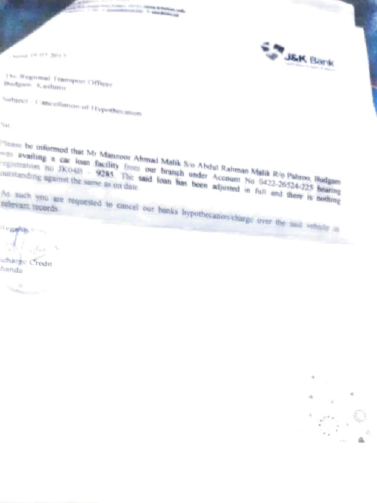 Cancellation of Vehicle Hypothecation | PDF | Banking